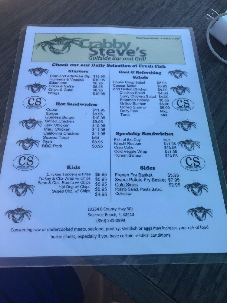 Menu at Crabby Steves Highpointe pub & bar, Rosemary Beach