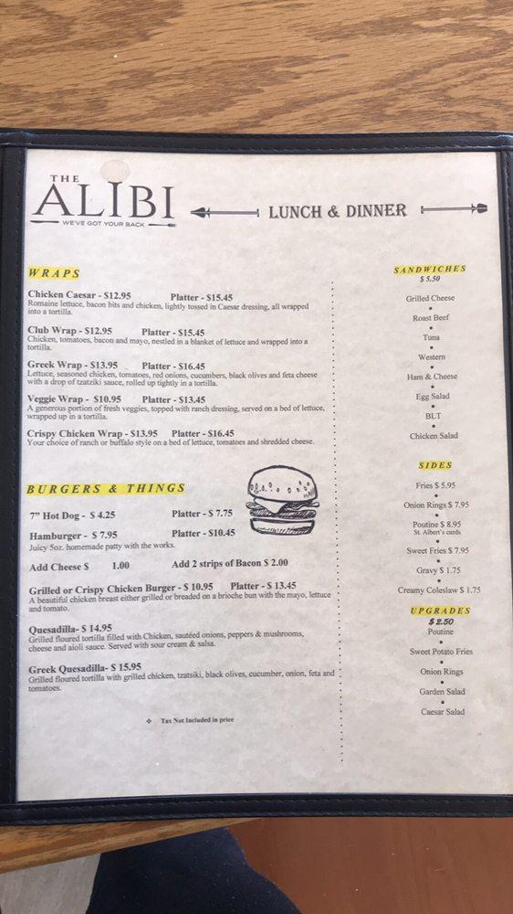 Menu at The Alibi Restaurant, Iroquois