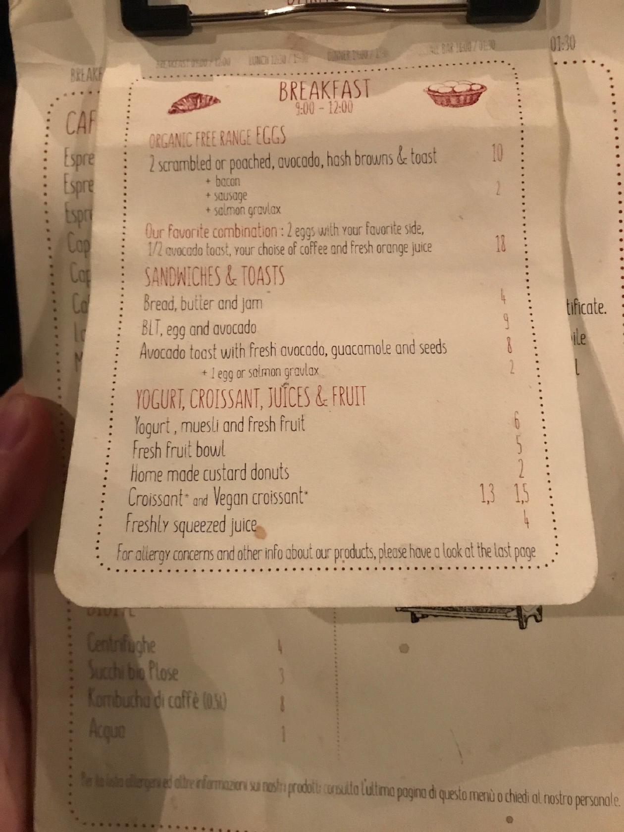 Menu at Barnum Roma, Rome