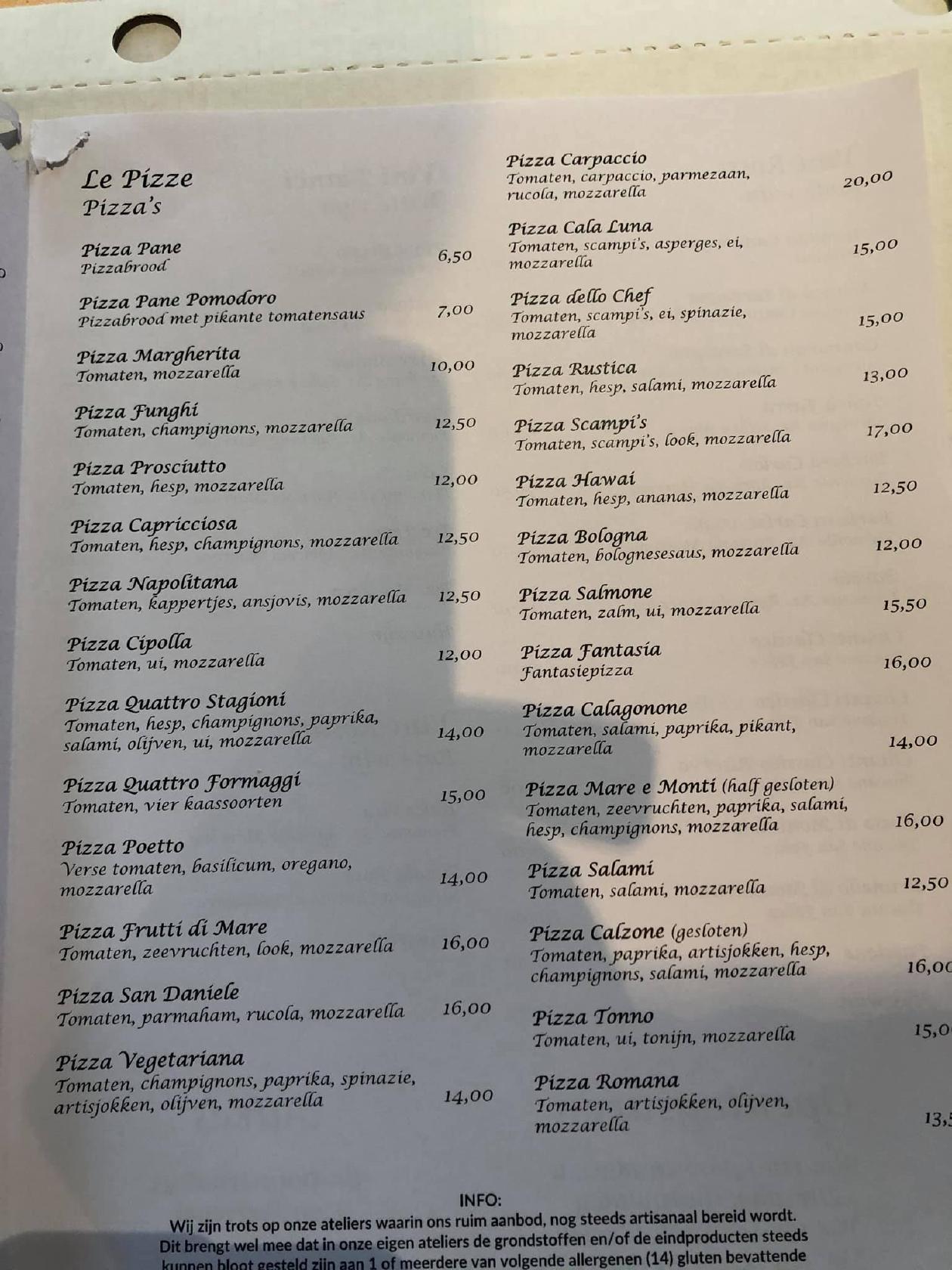 Menu at Calaluna, Aarschot
