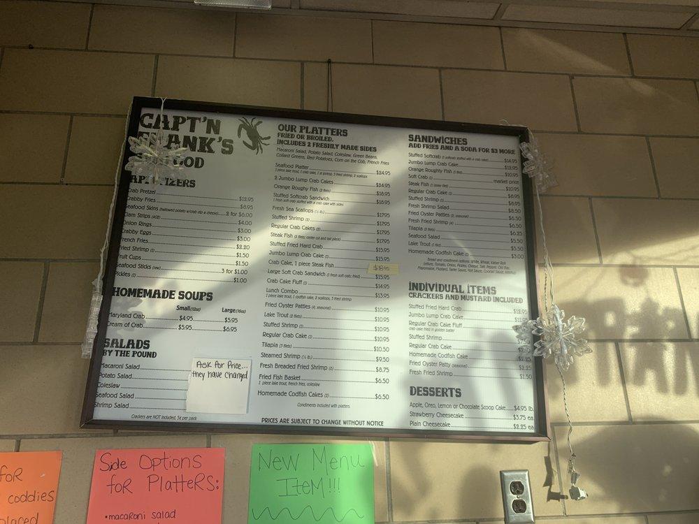 Menu at Capt'n Franks Seafood restaurant, Baltimore