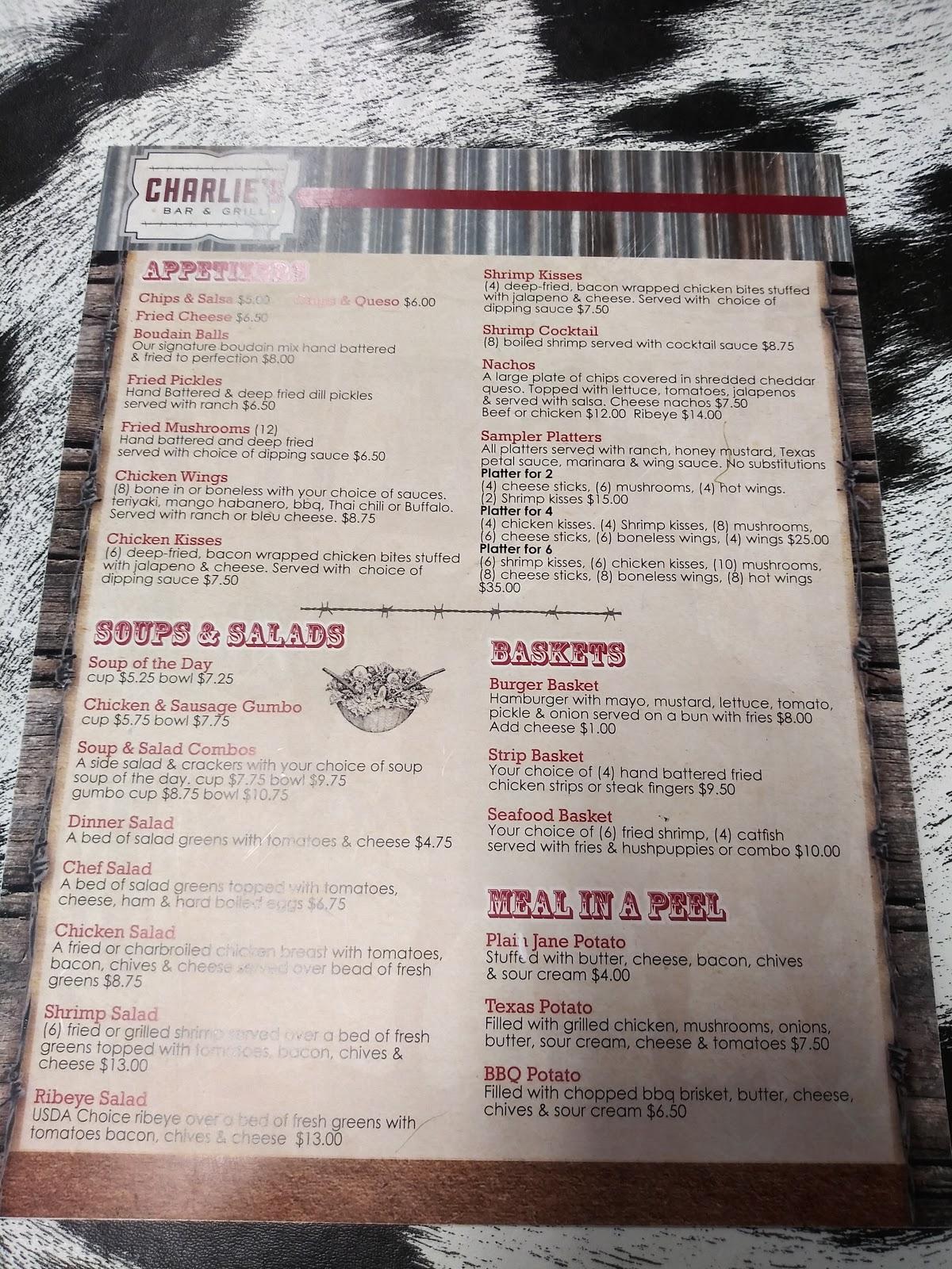 Menu at Charlie's Bar and Grill, Winnie