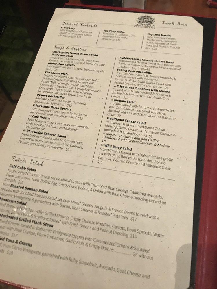Menu at Lightfoot Restaurant, Leesburg