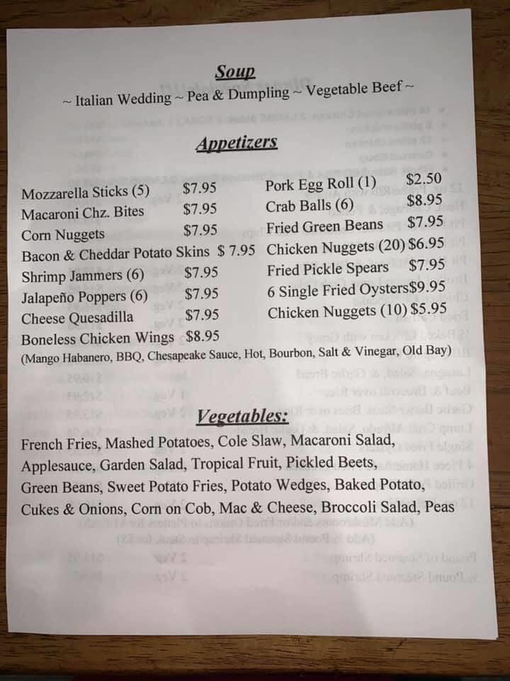 Menu at Mom -n- Pop's restaurant, Hurlock