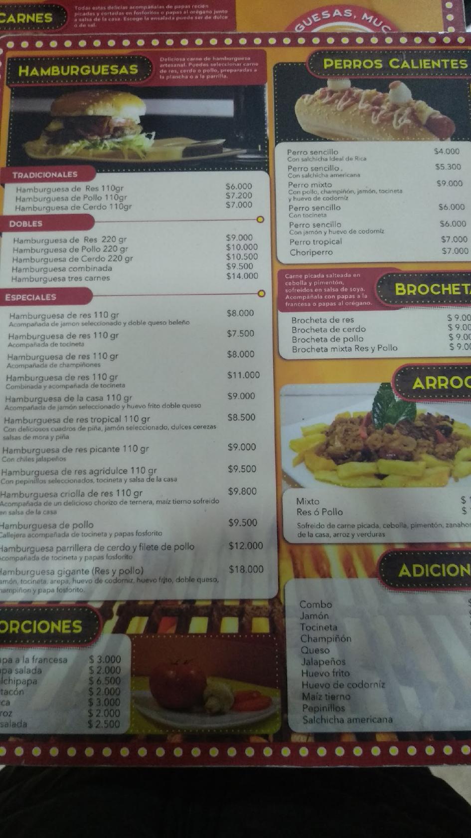 Menu at Muchachos de la Hamburguesa y Parrilla, Duitama