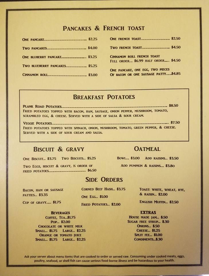 Menu at Old Plank Road Restaurant, Plainwell