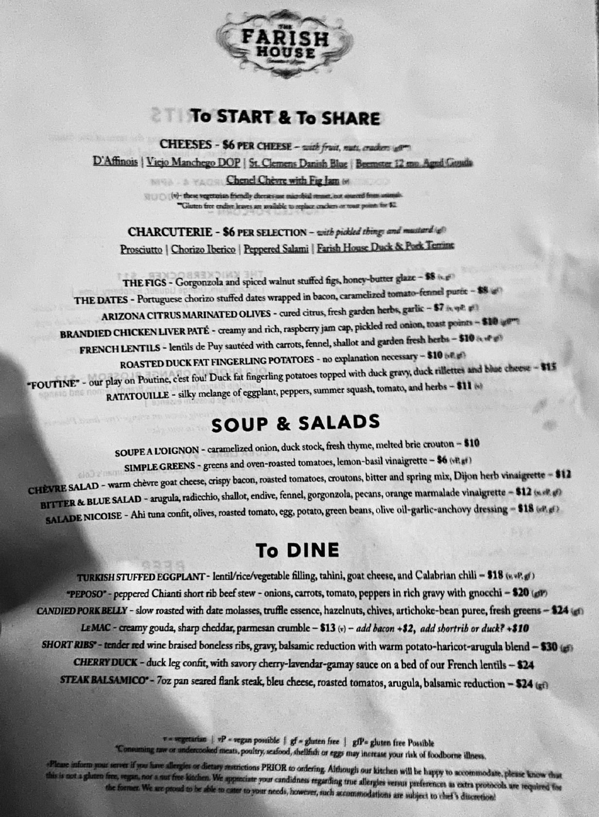 Menu at The Farish House restaurant, Phoenix