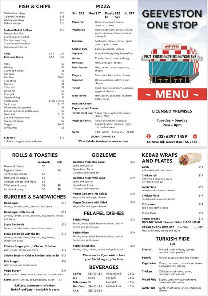 Menu at Geeveston One Stop Food & Beverage fast food, Geeveston