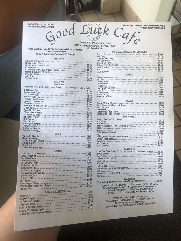 Menu at Good Luck Cafe, El Paso