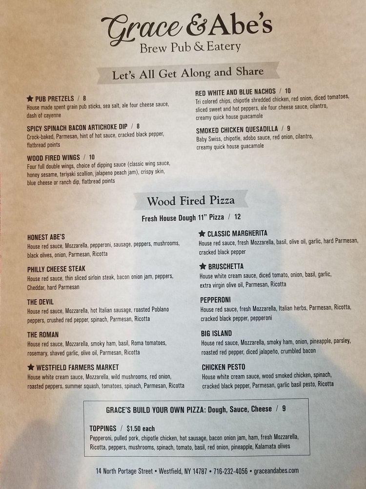 Menu at Grace and Abe's pizzeria, Westfield