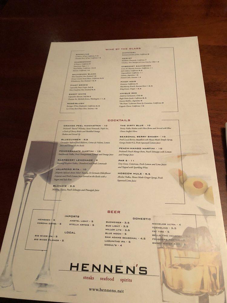 Menu at Hennen's pub & bar, Chattanooga