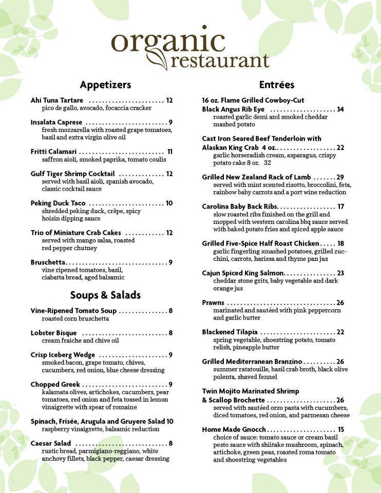 Menu at Organic Cafe, Sacramento, 345 Organic Ln