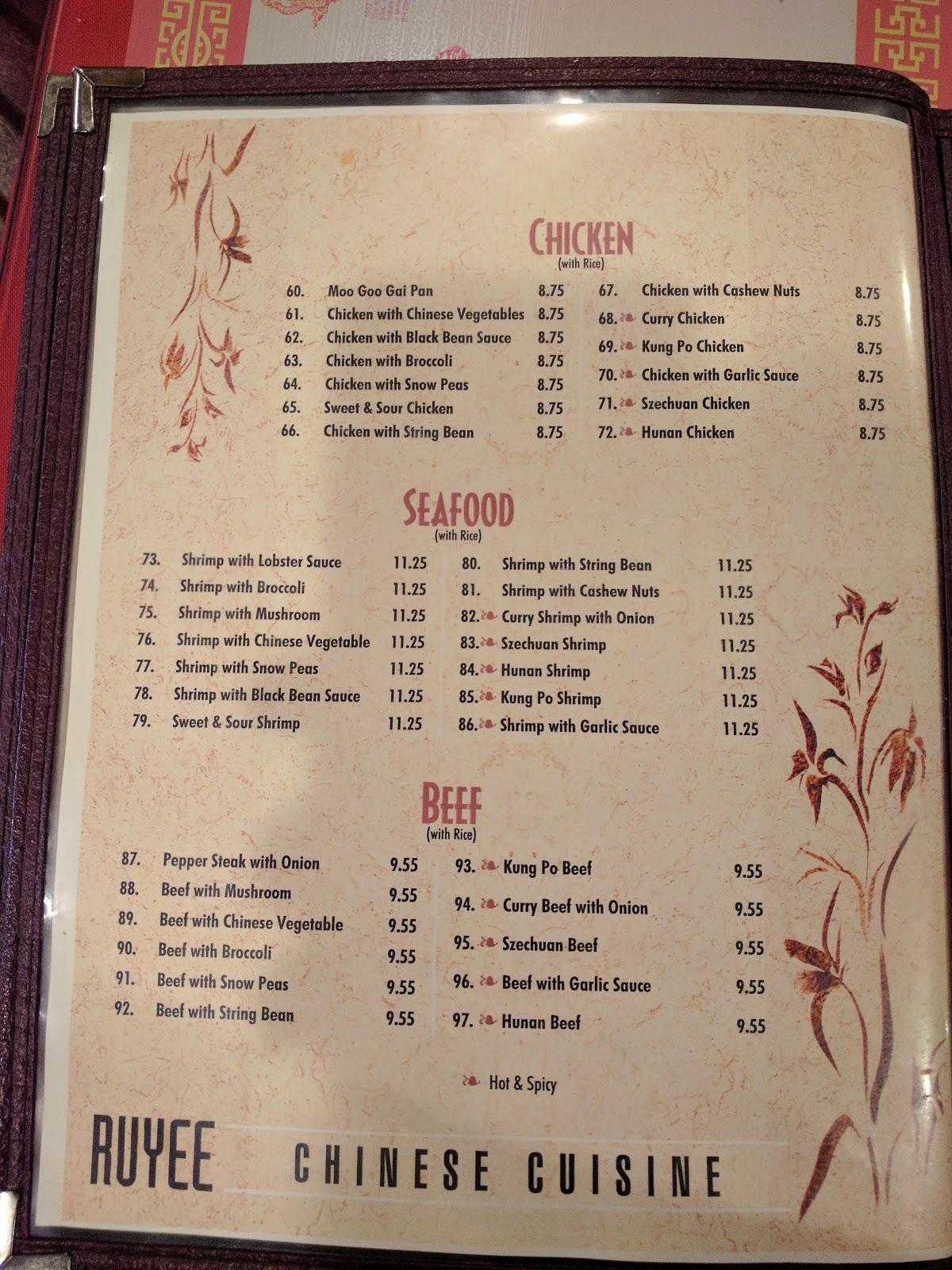 Menu at Ruyee restaurant, Danville, 276 Mill St