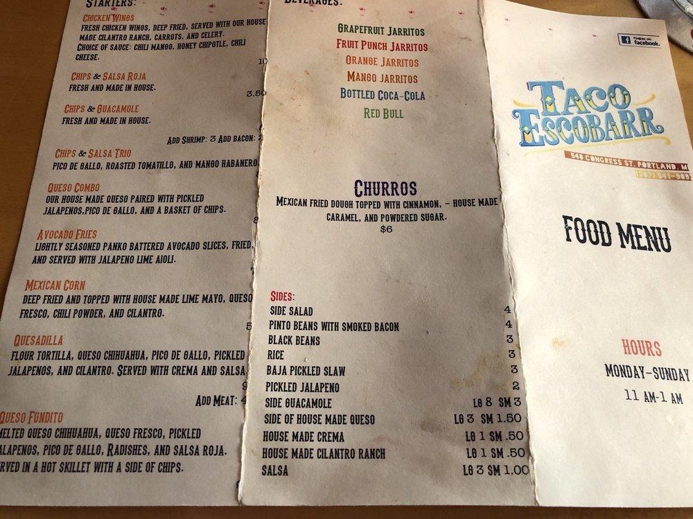 Menu at Taco Escobarr, Portland