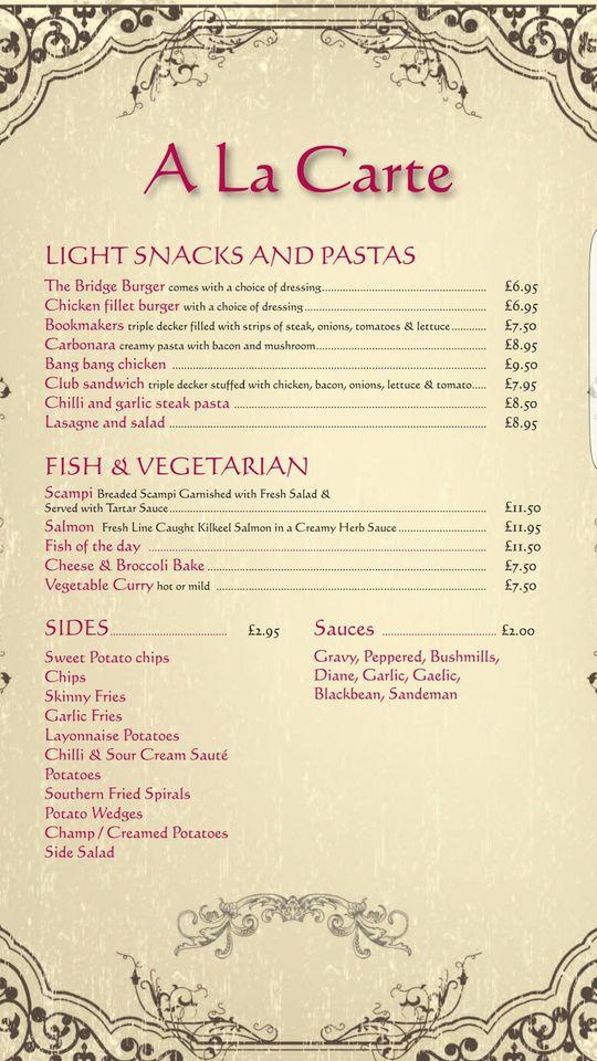Menu at The Bridge Bar & Restaurant, Dunloy