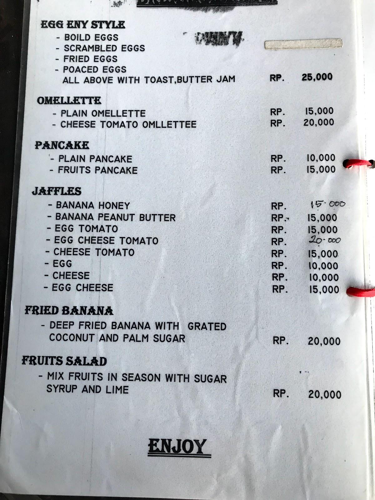 Menu at Balian Beach Cafe, Lalanglinggah