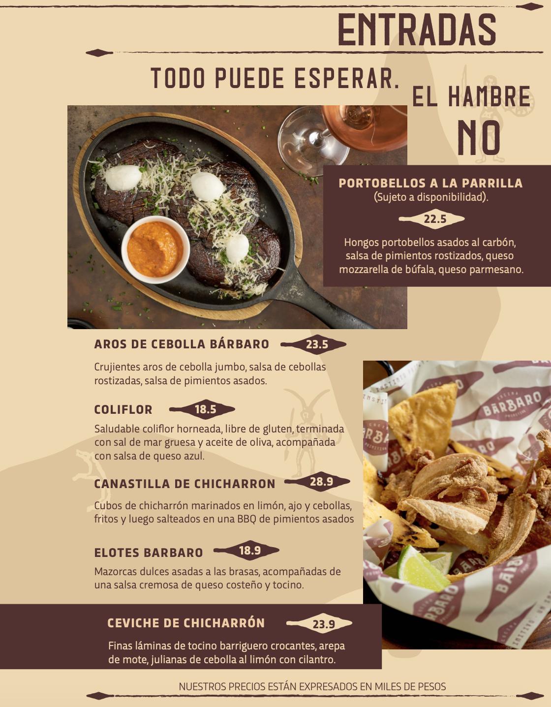 Carta de Bárbaro Cocina Primitiva sede Laureles, Medellín, Cra. 76 #73b-39