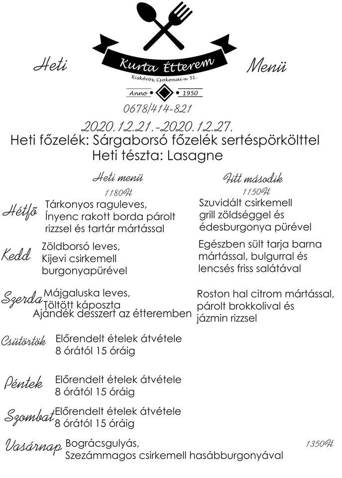 Menu at Kurta Étterem restaurant, Kiskőrös