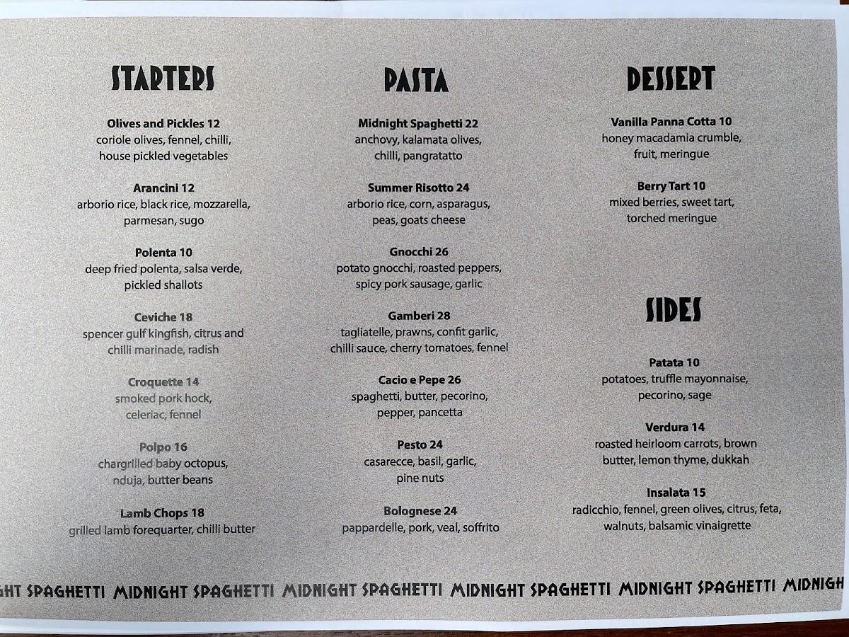 Menu at Midnight Spaghetti restaurant, Adelaide