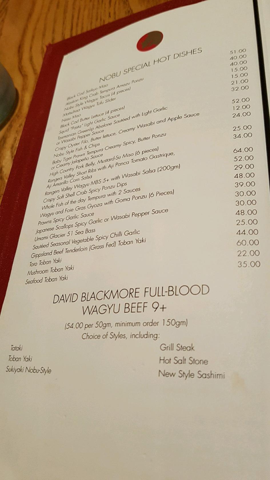 Menu at Nobu restaurant, Southbank, Crown Riverwalk