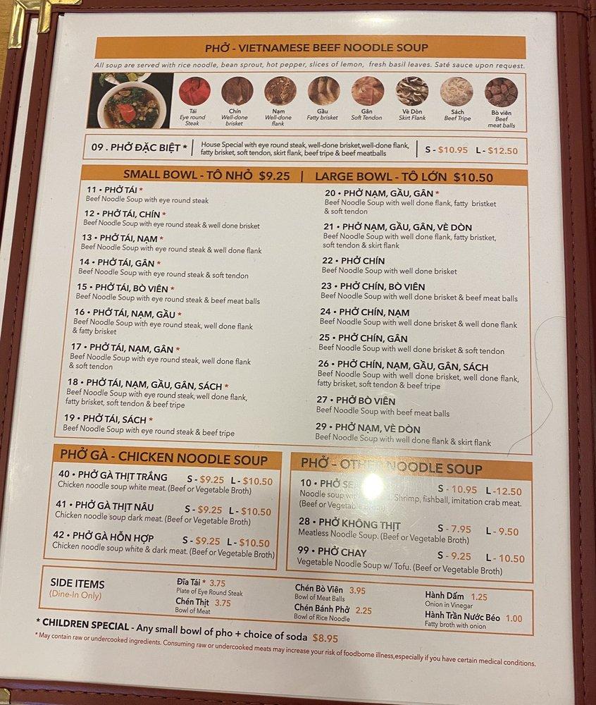 Menu at Pho Golden Star restaurant, Bailey's Crossroads