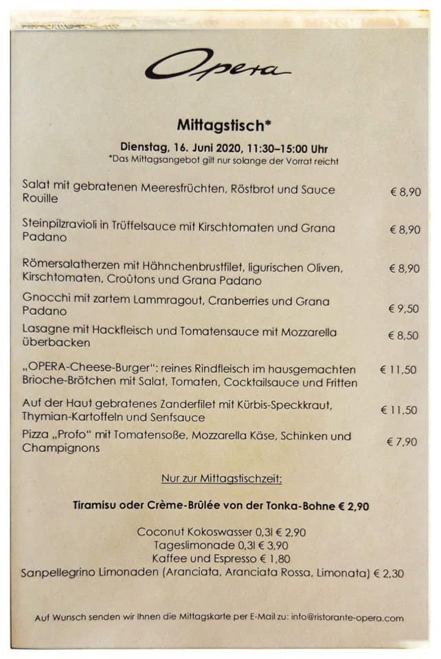 Menu at Ristorante Opera restaurant, Hamburg
