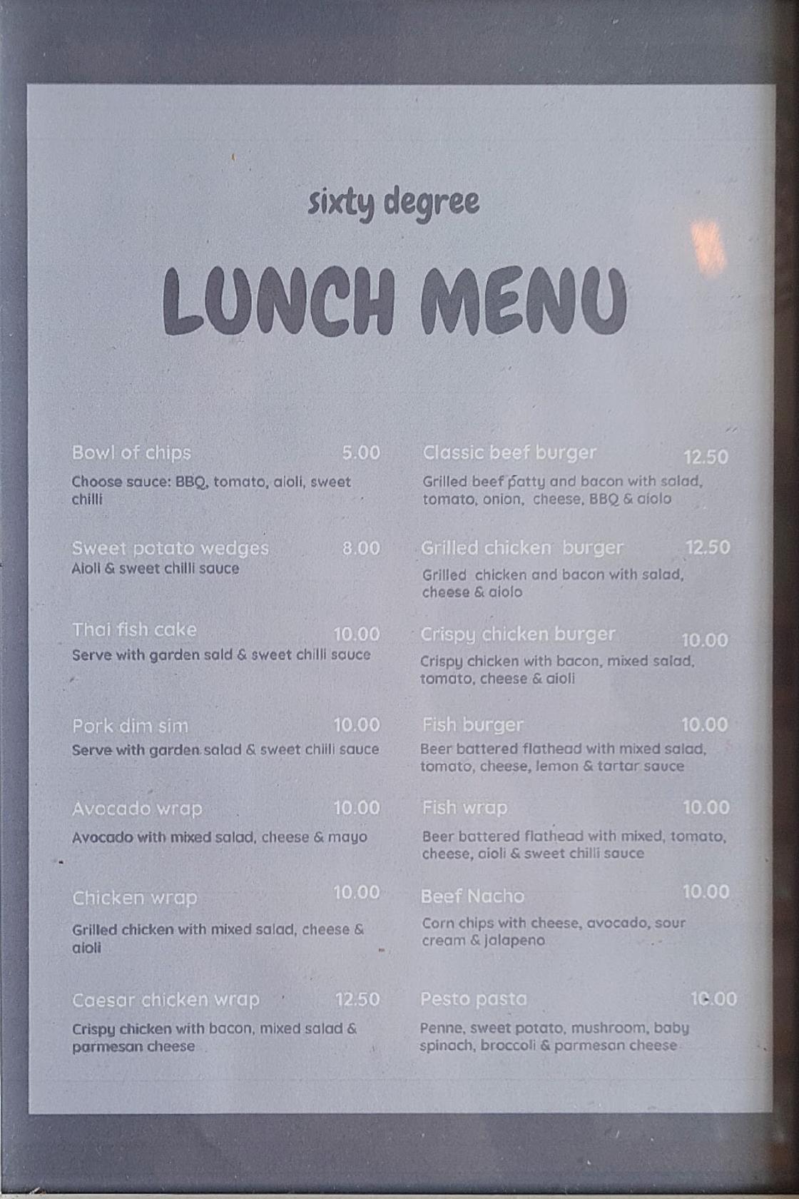 Menu at Sixty Degrees South West Rocks cafe, South West Rocks