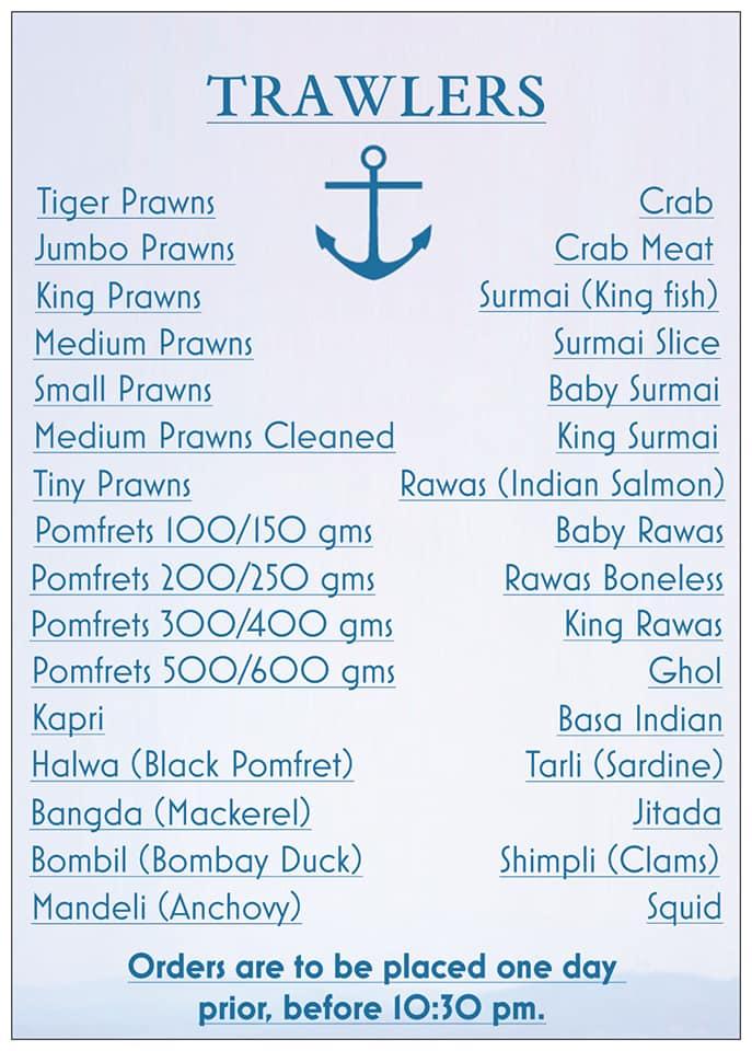 Menu at Trawlers Seafood Suppliers, Mumbai