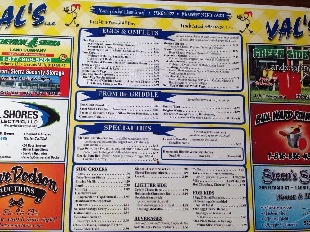 Menu at Val's restaurant, Laurie