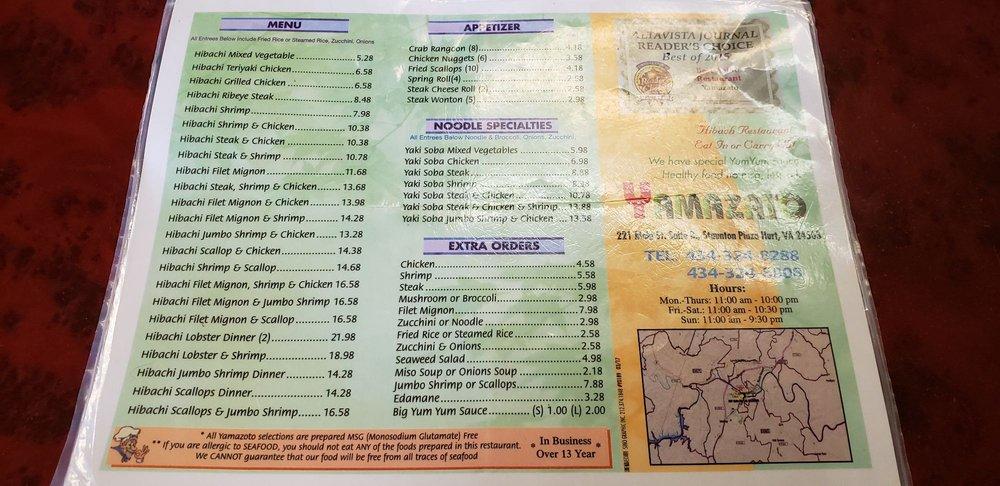Menu at Yamazato restaurant, Hurt, 221 Main St