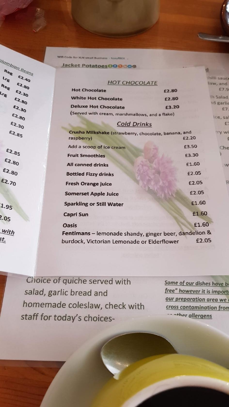 Menu at Chives Cafe, Watchet