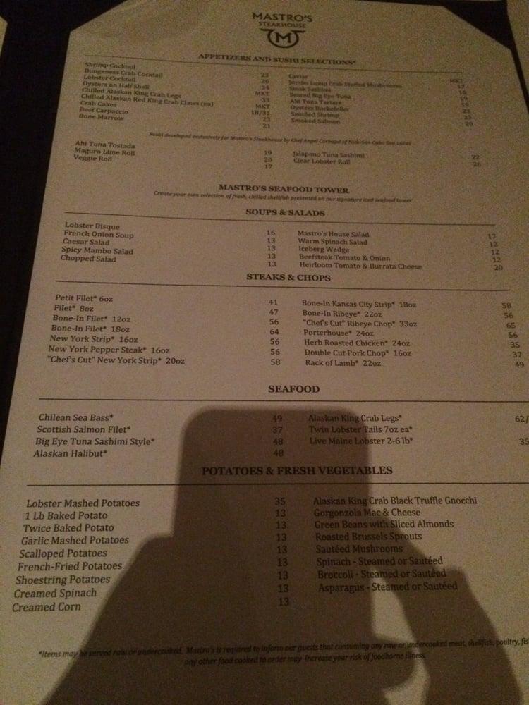 Menu at Mastro's Steakhouse, Palm Desert, El Paseo STE 120