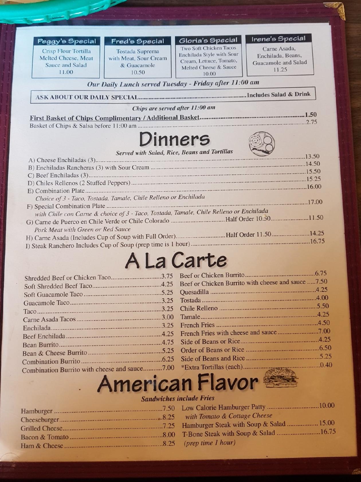 Menu at Mitla Cafe, San Bernardino