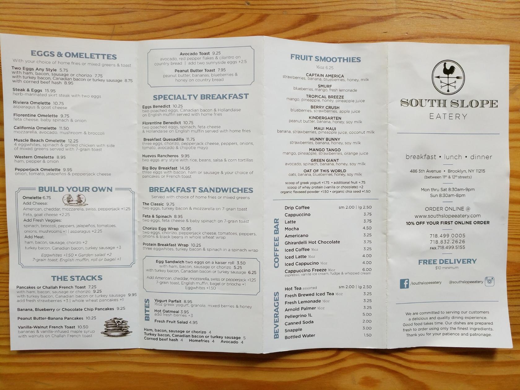 Menu at South Slope Restaurant & Bar, New York City
