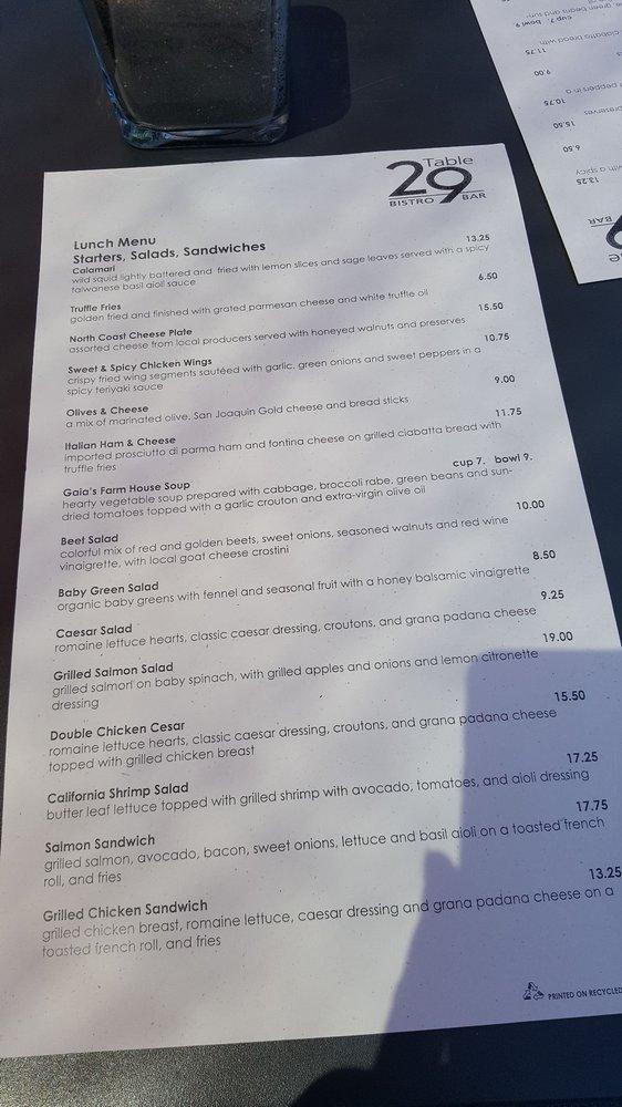 Menu at Table 29 Bistro & Bar, American Canyon