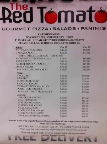 Menu at The Red Tomato Pizzeria, Schnecksville