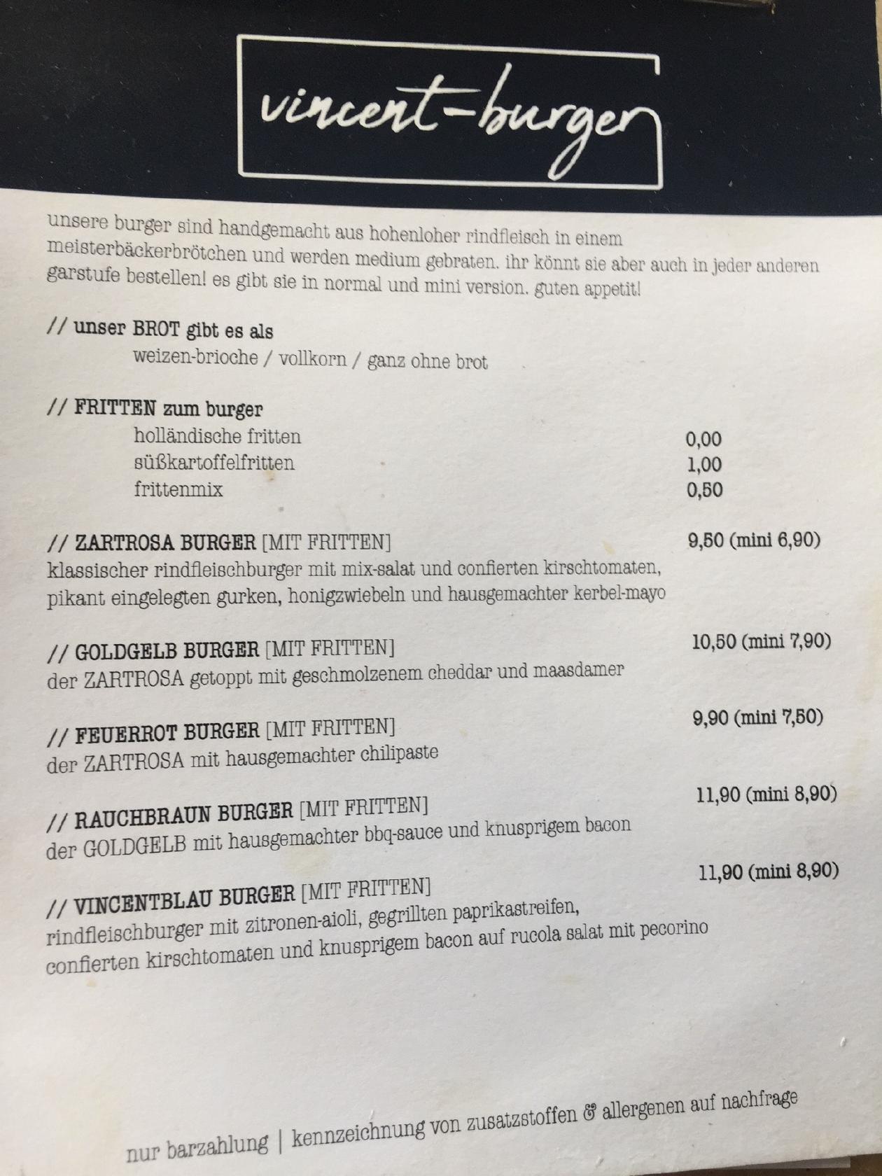 Menu at vincent-burger restaurant, Berlin