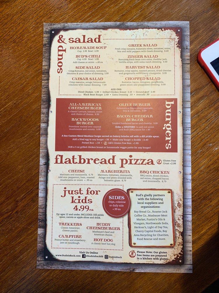 Menu at Bud's restaurant, Interlochen