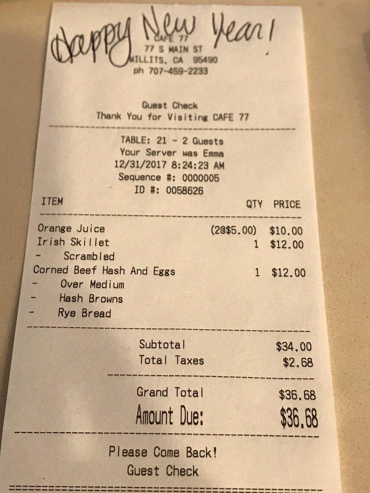 Menu at Café 77 cafe, Willits