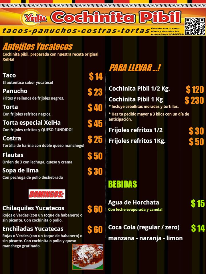 Menu at Cochinita XELHA restaurant, Mexico City