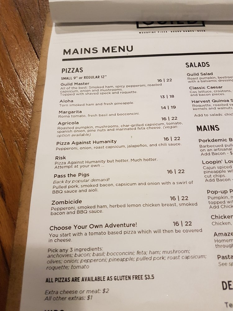 Menu at Guild pub & bar, Canberra