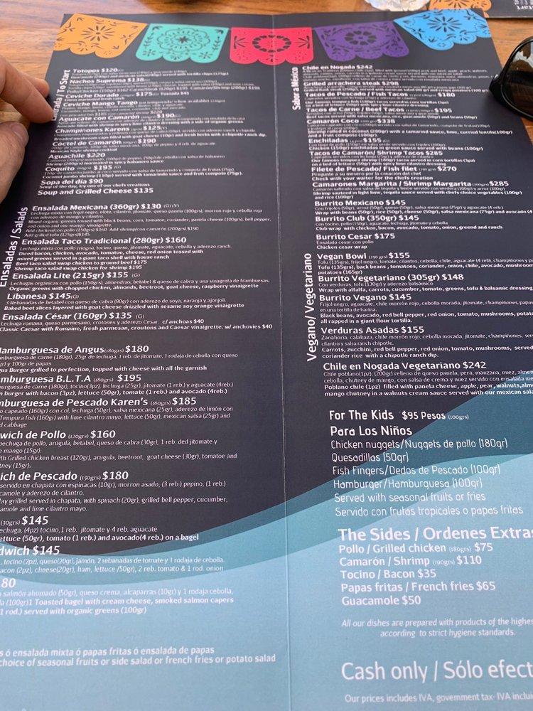 Menu at Karen’s Place restaurant, Bucerías