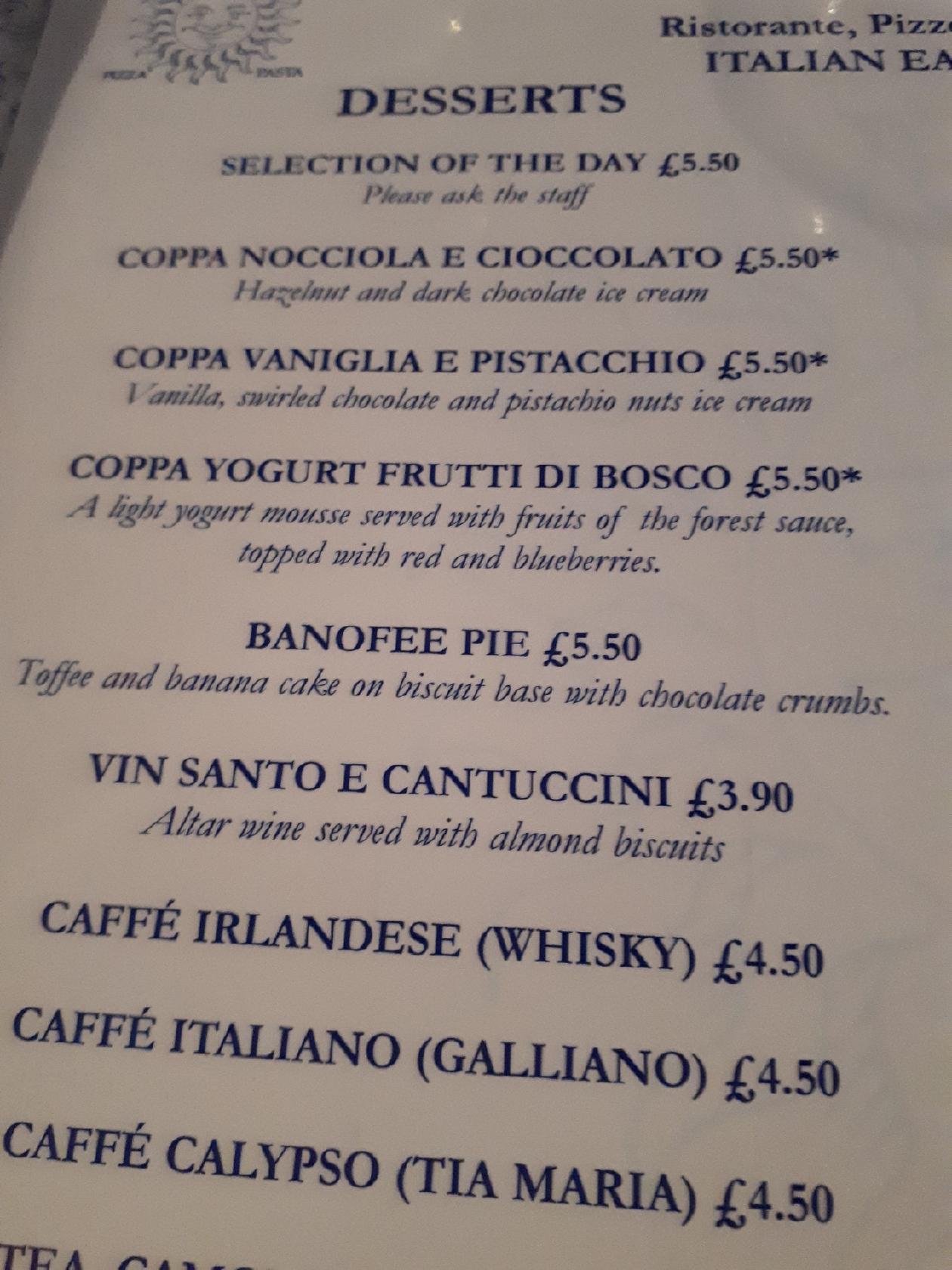 Menu at O'Sole Mio restaurant, London