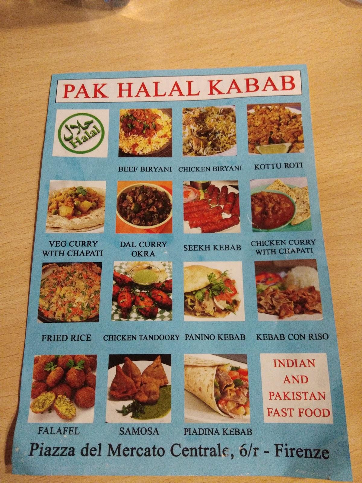 Menu at Pak Halal Kebab restaurant, Florence