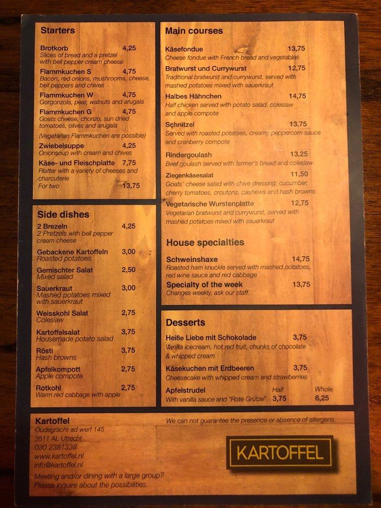 Menu at Restaurant Kartoffel, Utrecht, Oudegracht aan de Werf 145