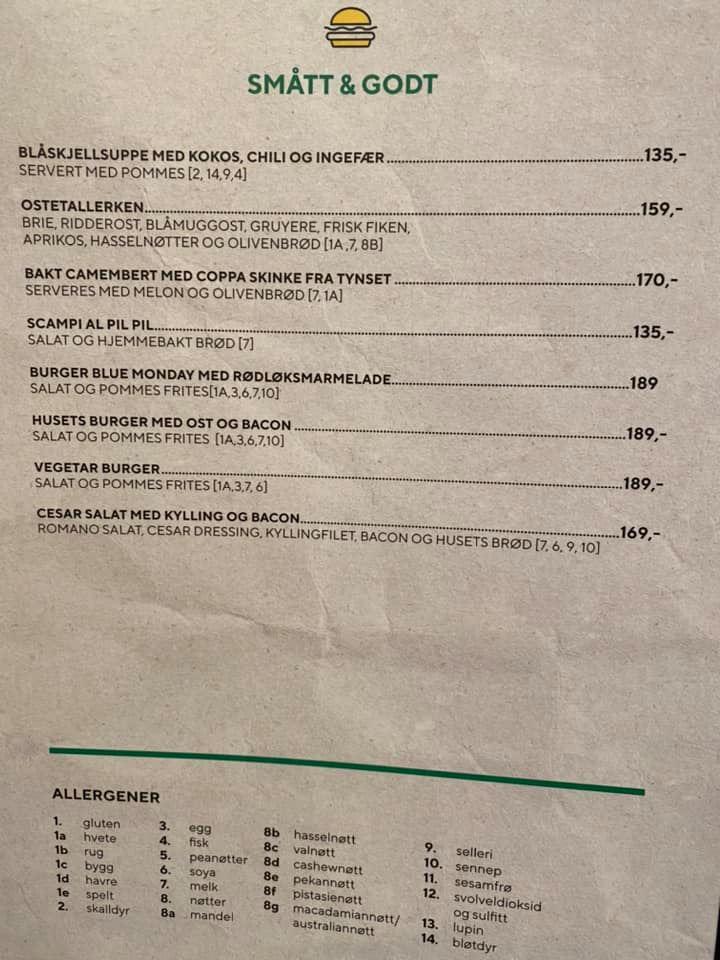 Menu at Rio og Frisk restaurant, Porsgrunn