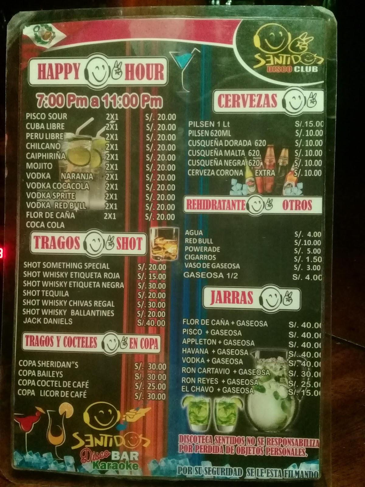 Menu at SENTIDOS DISCO CLUB, Peru