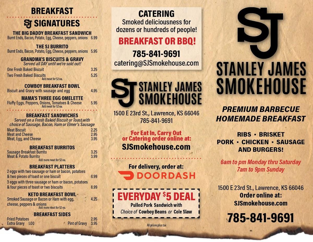Menu at Stanley James Smokehouse BBQ, Lawrence, E 23rd St