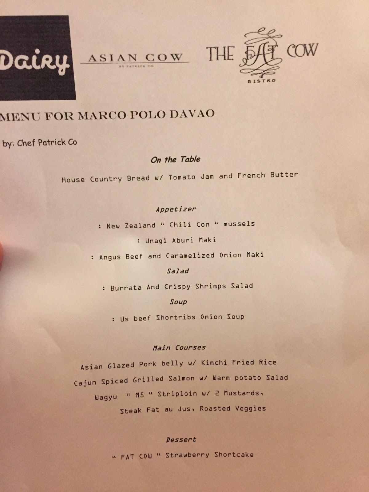 Menu at The Fat Cow restaurant, Davao City