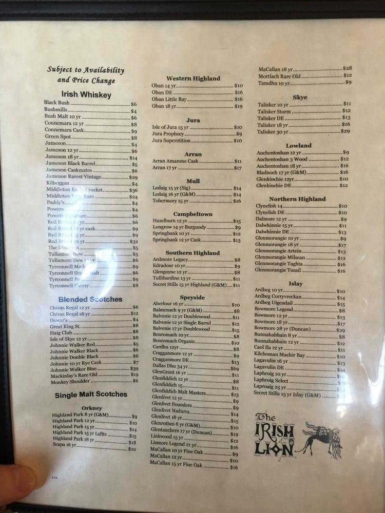 Menu at The Irish Lion Restaurant & Pub, Bloomington